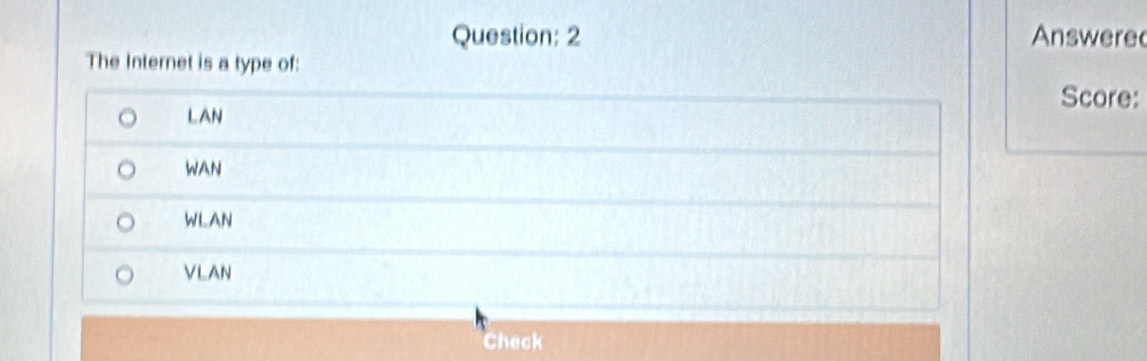 Solved: Answered The Internet is a type of: Score: LAN WAN WLAN VLAN ...