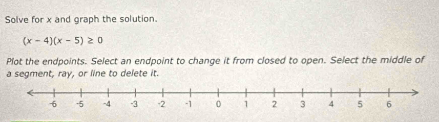 Solved: Solve for x and graph the solution. (x-4)(x-5)≥ 0 Plot the endpoints. Select an endpoint ...