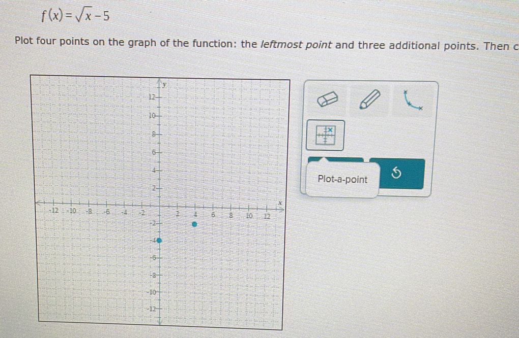 Solved: f(x)=sqrt(x)-5 Plot four points on the graph of the function ...