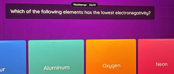 Solved: Reattempt | 33/47 Which of the following elements has the ...