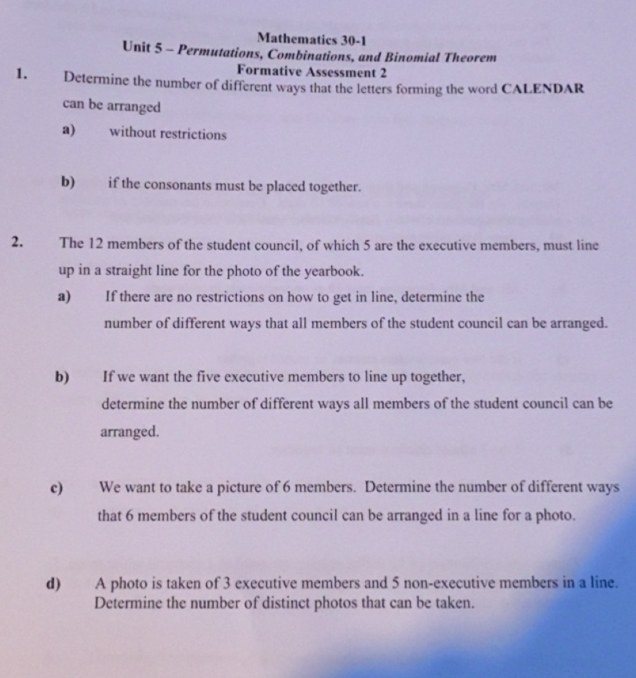 Solved: Mathematics 30-1 Unit 5 - Permutations, Combinations, and ...