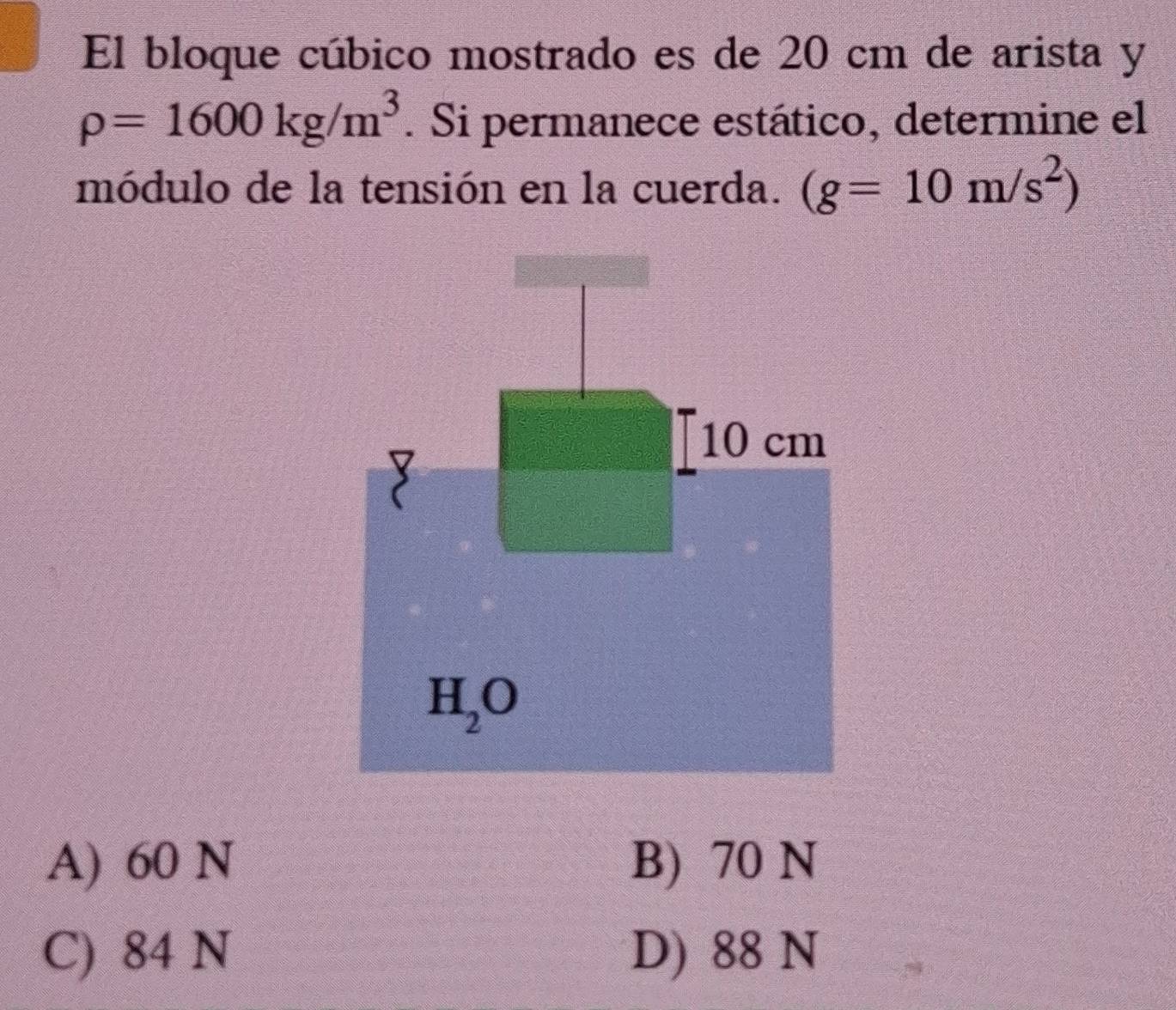 Resuelto:El bloque cúbico mostrado es de 20 cm de arista y rho =1600kg ...