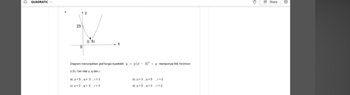 Selesai:QUADRATIC Share 4. Diagram menunjukkan graf fungsi kuadratik y ...