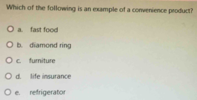 Solved: Which of the following is an example of a convenience product ...
