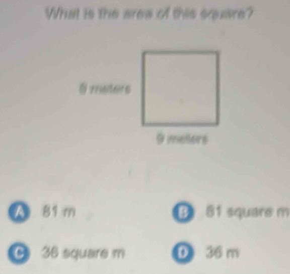 Solved: What is the area of this suare? @ meters 9 meters A 81 m B 81 ...