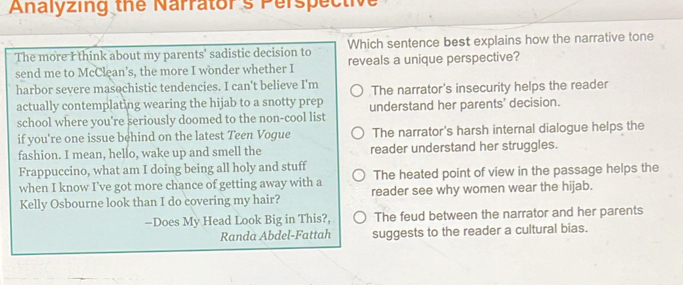 Solved: Analyzing the Narrator s Perspective Which sentence best ...