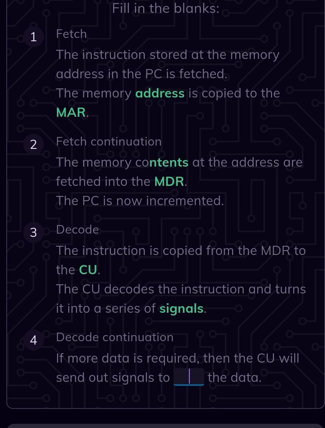 Solved: Fill in the blanks: 1 Fetch The instruction stored at the ...