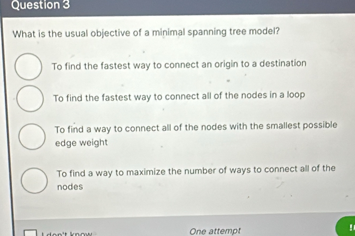Solved: What is the usual objective of a minimal spanning tree model ...