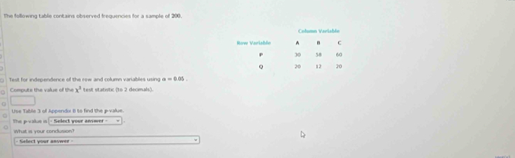 Solved: The following table contains observed frequencies for a sample of 200. Column Variable R ...