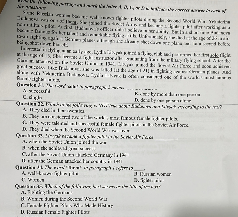 Giải quyết:Read the following passage and mark the letter A, B, C, or D ...