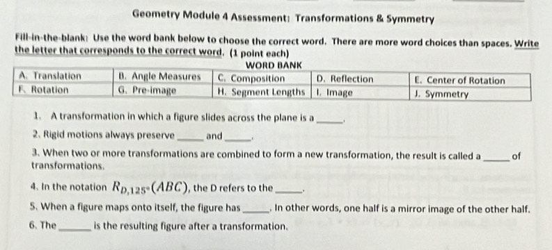 Solved: Geometry Module 4 Assessment: Transformations & Symmetry Fill ...