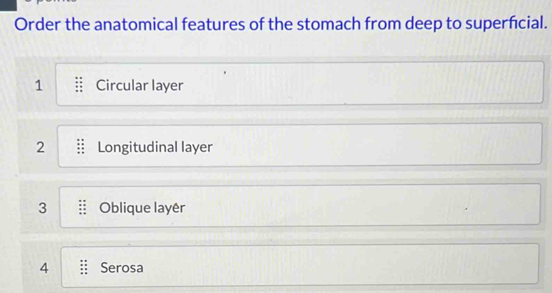 Solved: Order the anatomical features of the stomach from deep to ...