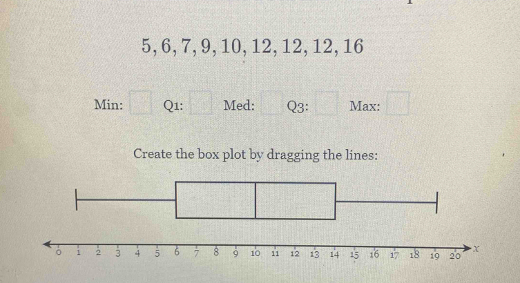 Solved: 5, 6, 7, 9, 10, 12, 12, 12, 16 Min: Q1: Med: Q3: Max: Create ...