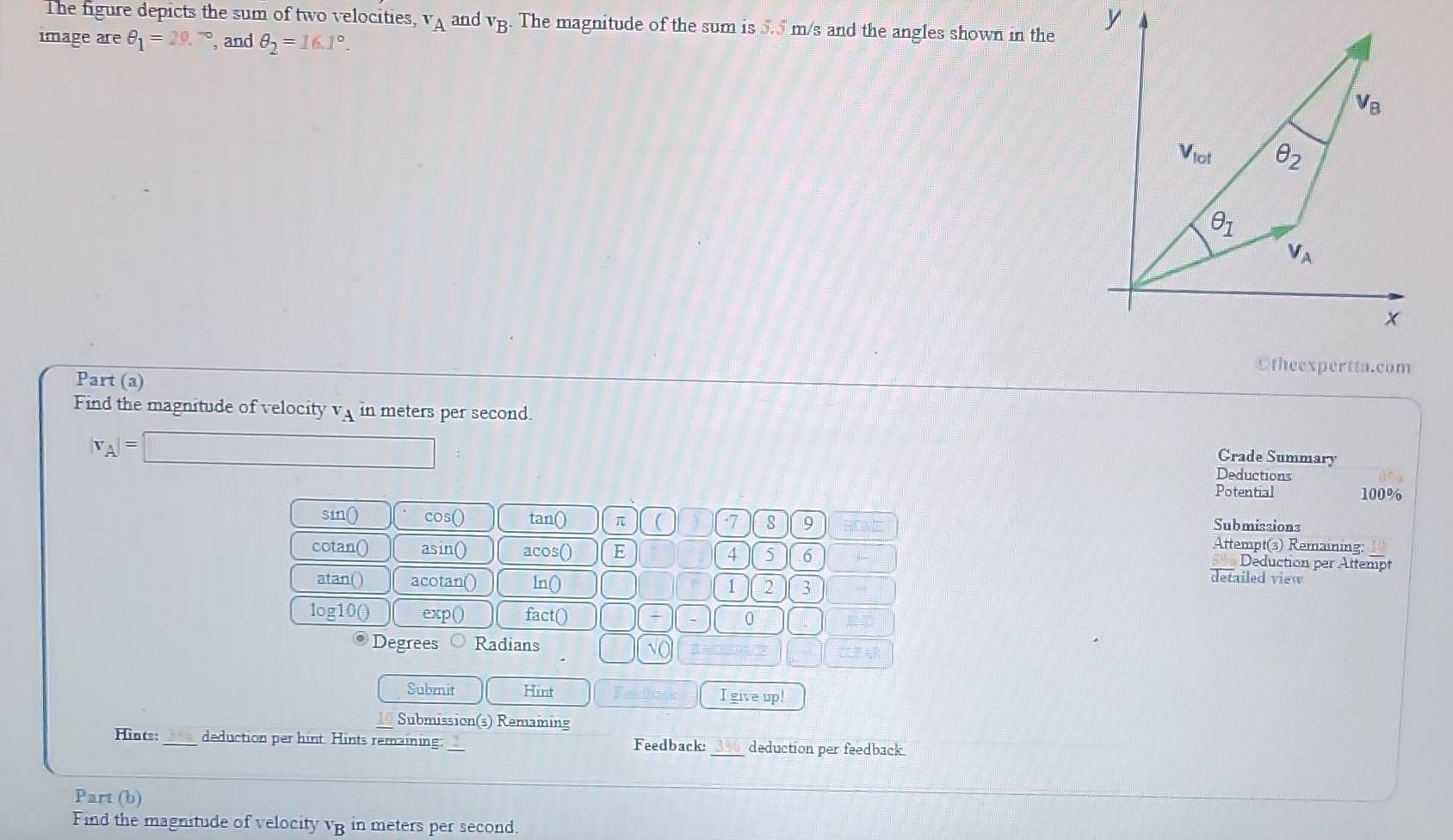 Solved: The figure depicts the sum of two velocities, vA and vB. The ...