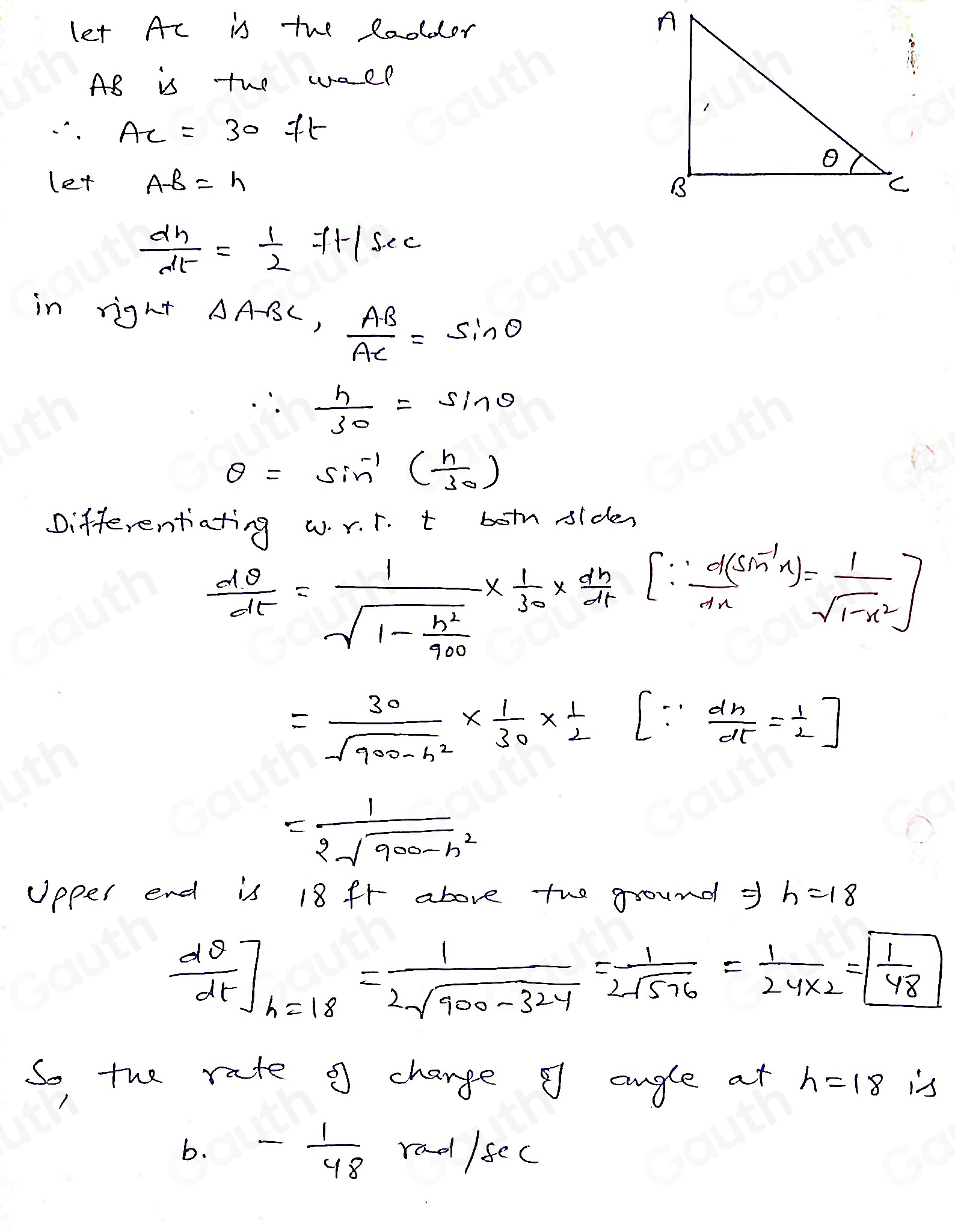 Solved: lf a ladder of length 30 ft that is leaning against a wall has ...