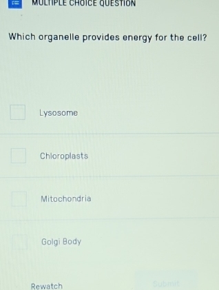 Solved: Multple chôice questión Which organelle provides energy for the ...