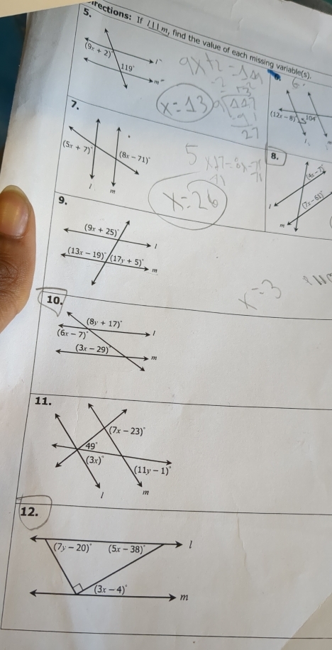 Solved: rections: I l_ 11m find the value of each missing variable(s) (9x+2) 119° 7. 12x-8) 104 ...