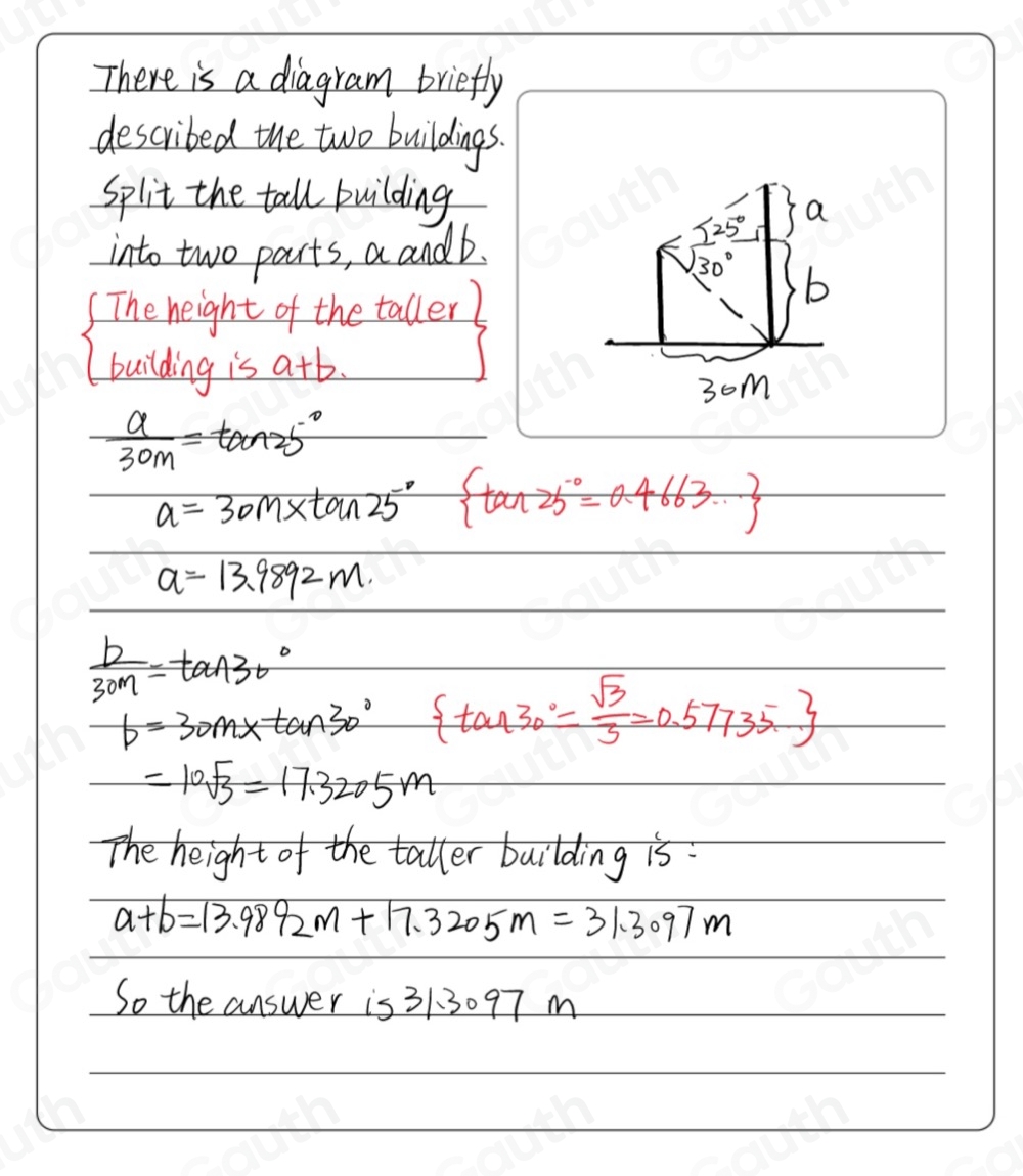 Solved: Two buildings are 30 m apart. From the roof of the shorter ...
