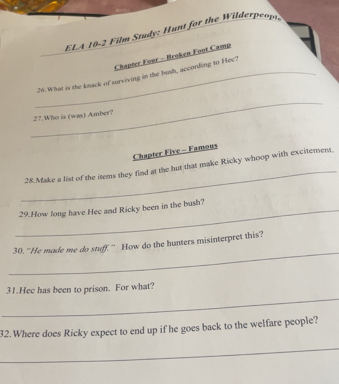 Solved: ELA 10-2 Film Study: Hunt for the Wilderpeopte Chapter Four ...