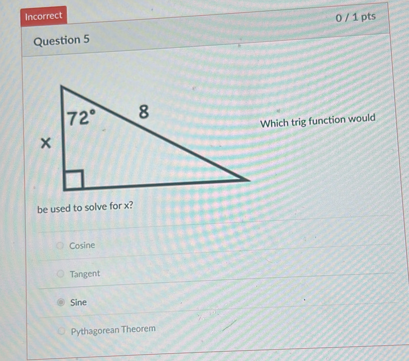 Solved: Incorrect 0 / 1 pts Question 5 Which trig function would be used to solve for x? Cosine ...