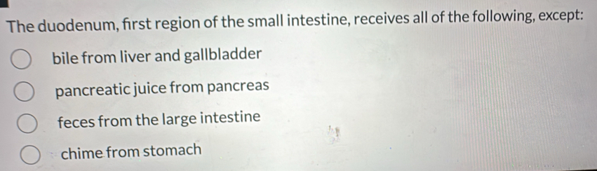 Solved: The duodenum, first region of the small intestine, receives all ...