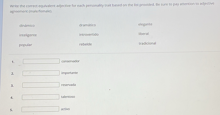 Solved: Write the correct equivalent adjective for each personality ...
