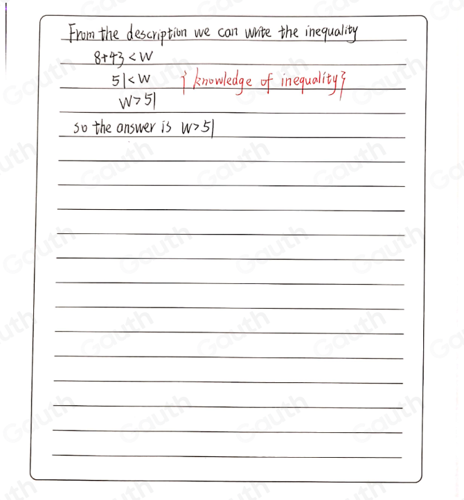 Solved: ") 8 plus 43 less than a number w [Math]