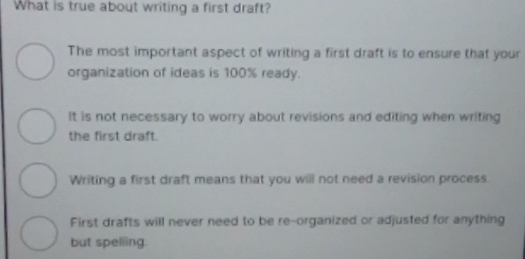 Solved: What is true about writing a first draft? The most important ...