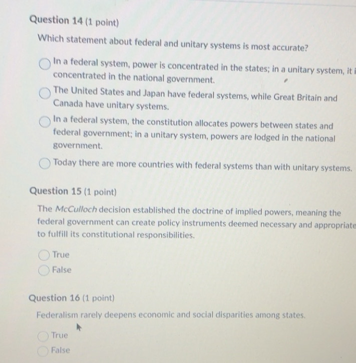 Solved: Which statement about federal and unitary systems is most ...