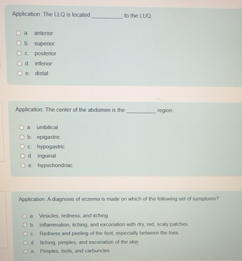 Solved: Application: The LLQ is located_ to the LUQ. a. anterior b ...