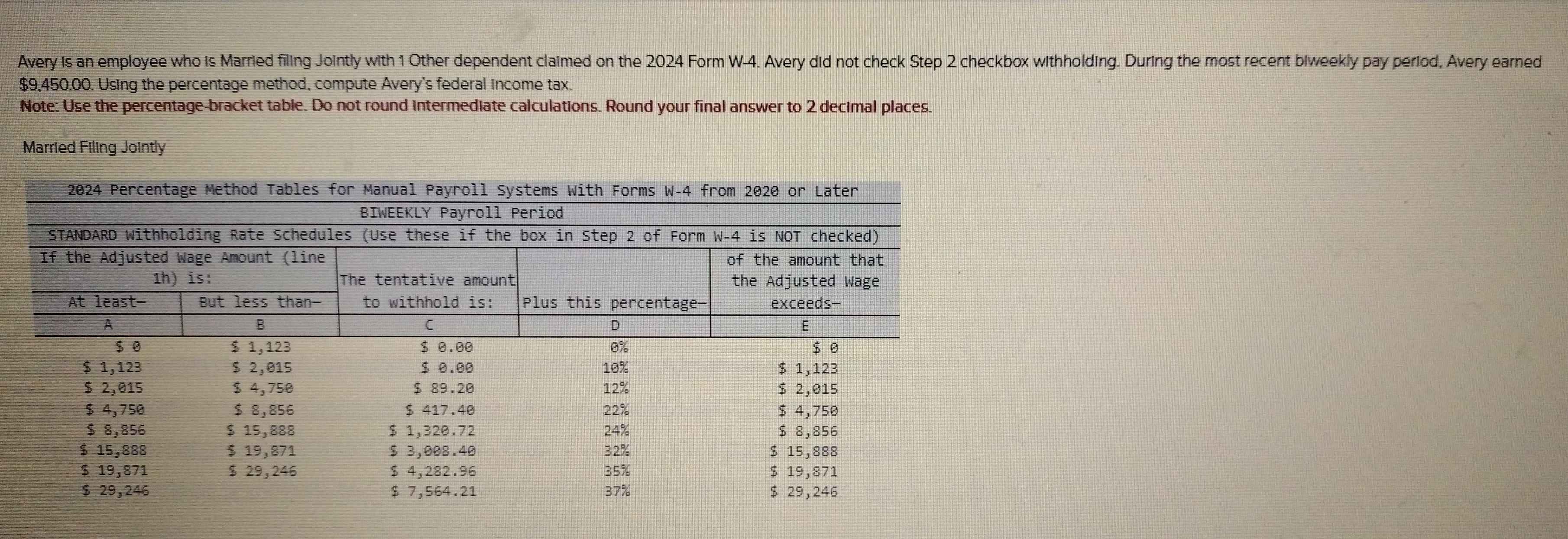 Solved: Avery is an employee who is Married filing Jointly with 1 Other ...