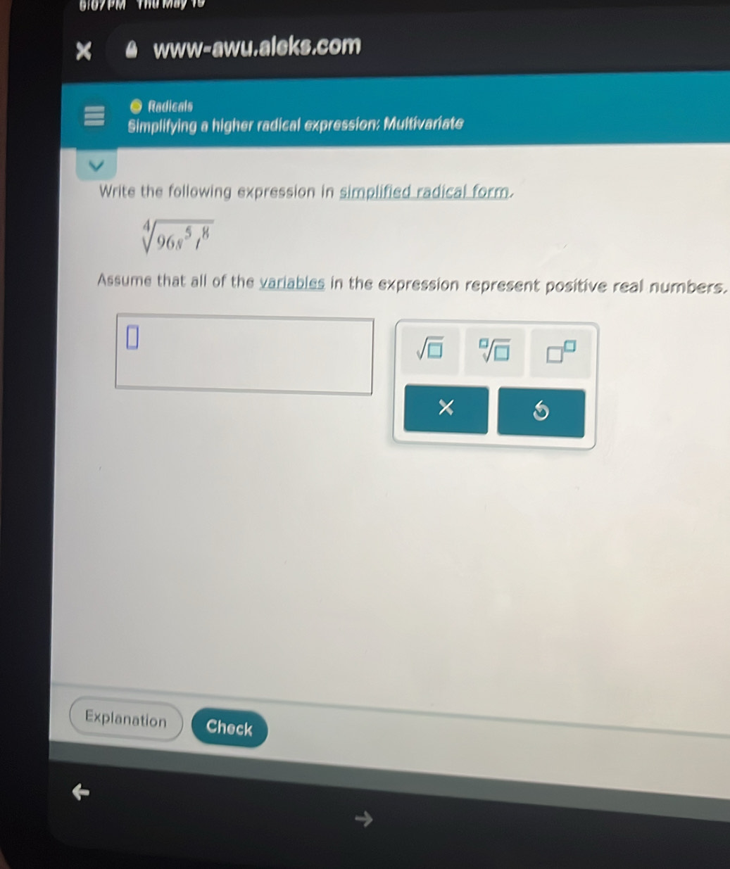 Solved: 0107PM www-awu.aleks.com Radicals Simplifying a higher radical ...