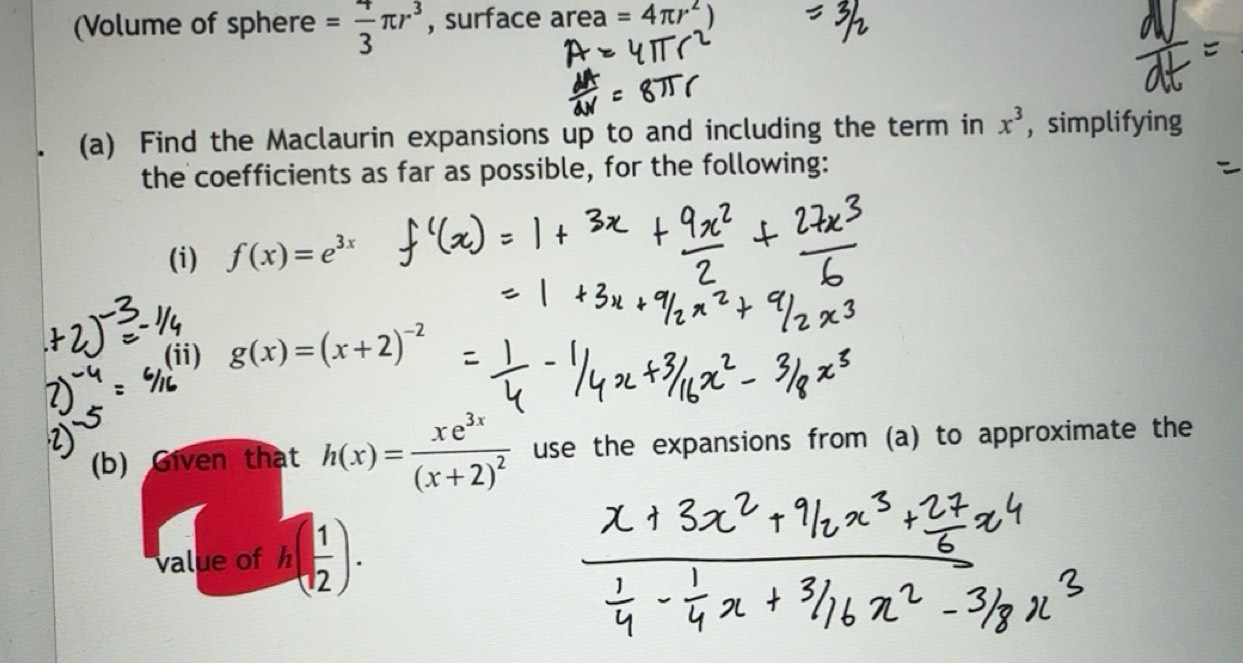 Solved: (Volume of sphere = 4/3 π r^3 , surface area=4π r^2) (a) Find ...