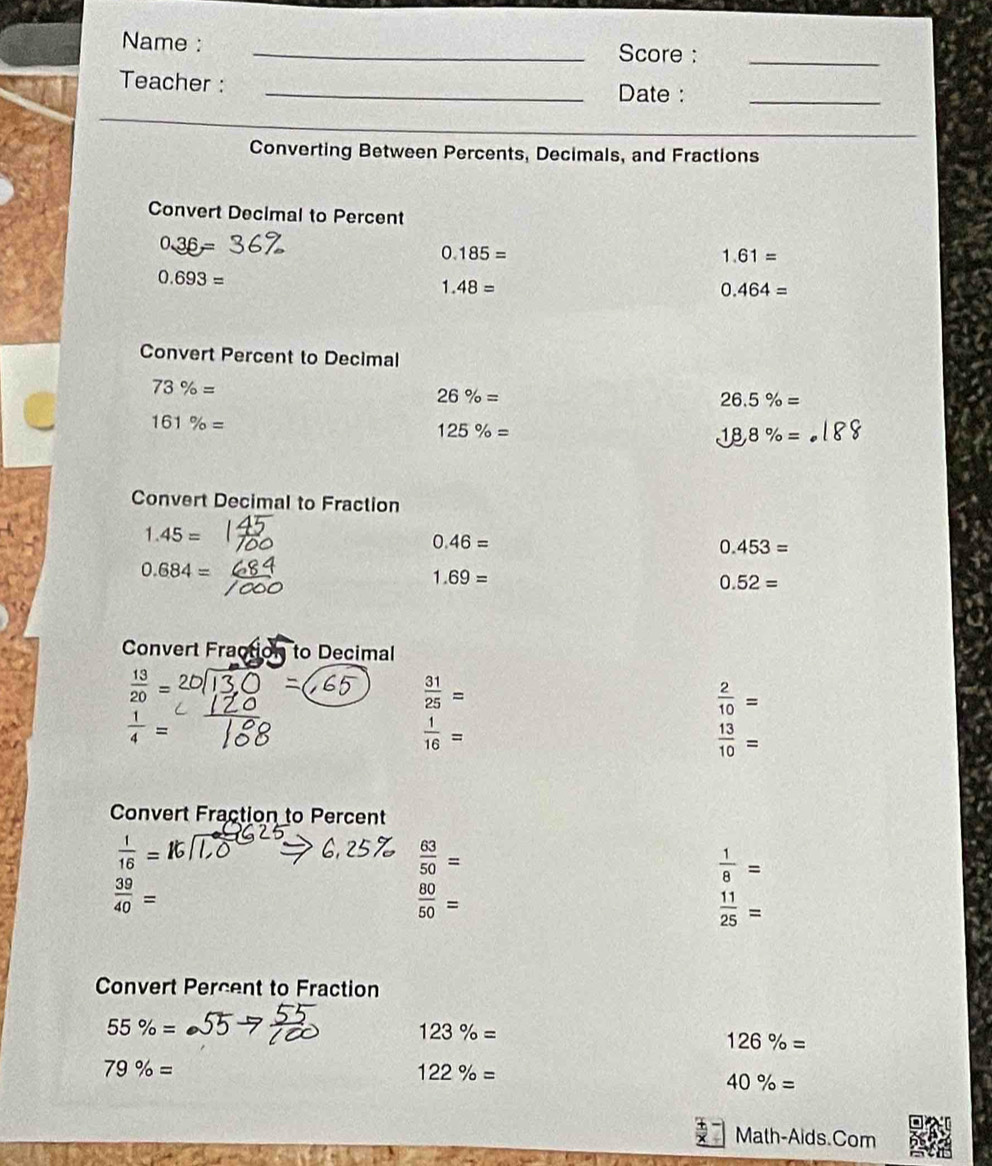 Solved: Name : _Score :_ Teacher : _Date :_ Converting Between Percents ...