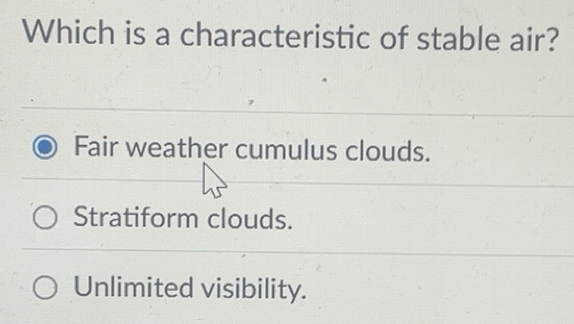 Solved: Which is a characteristic of stable air? Fair weather cumulus ...