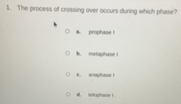 Solved: The process of crossing over occurs during which phase? a ...
