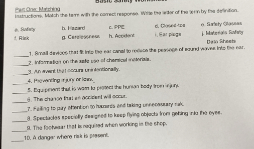 Gelöst:Part One: Matching Instructions. Match the term with the correct ...