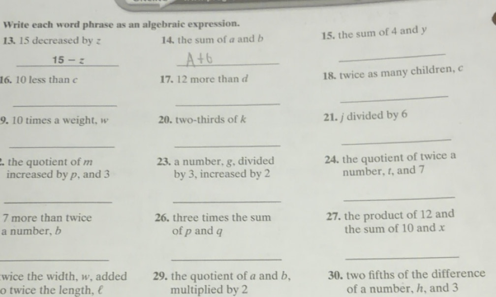 Solved: Write each word phrase as an algebraic expression. 13. 15 ...