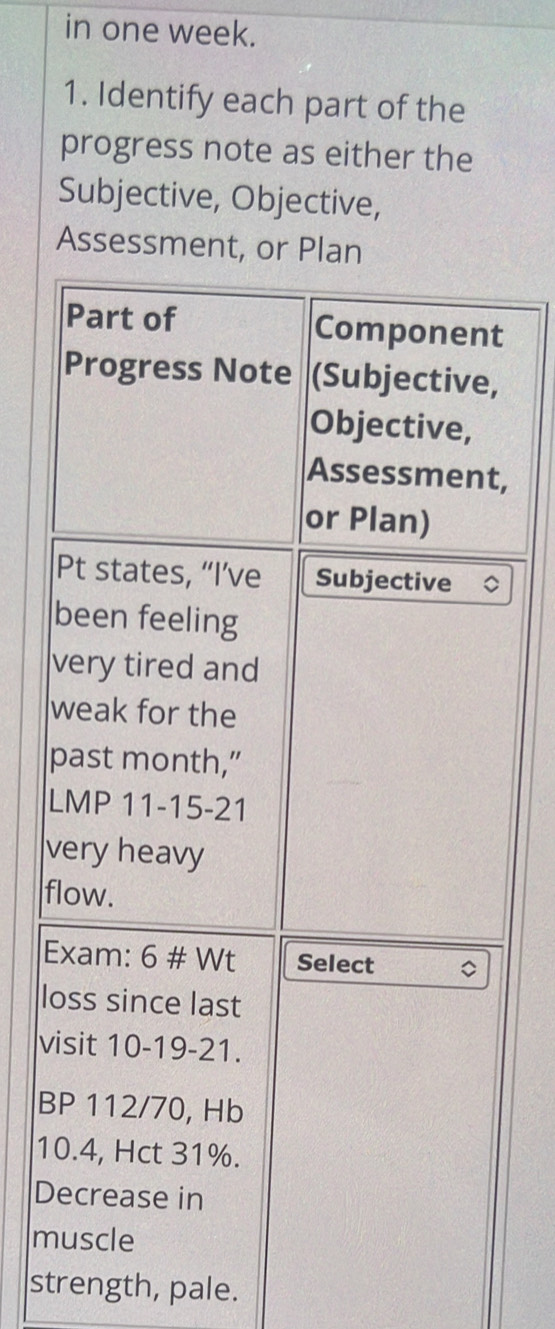 Solved: in one week. 1. Identify each part of the progress note as ...