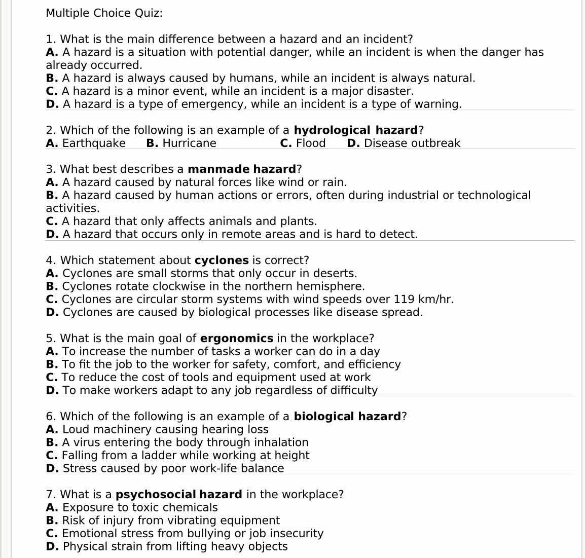 Solved: What is the main difference between a hazard and an incident? A ...