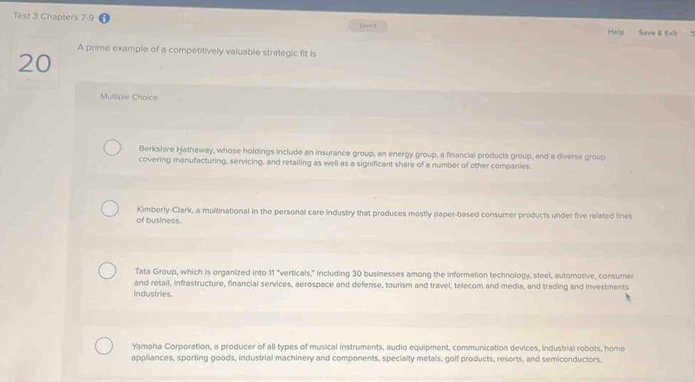 Solved: Test 3 Chapters 7-9 Help Save & Exit Saved A prime example of a ...