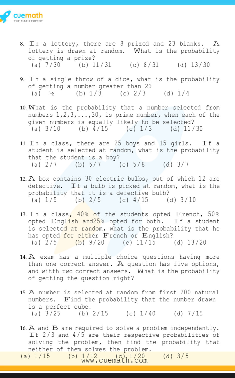 Solved: cuemath THE MATH EXPERT 8. In a lottery, there are 8 prized and ...