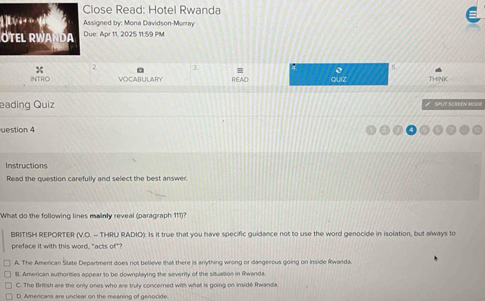 Solved: Close Read: Hotel Rwanda Assigned by: Mona Davidson-Murray OTEL ...
