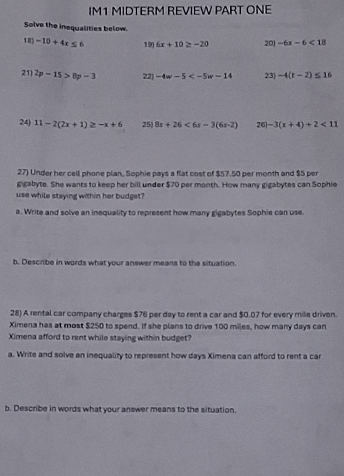 Solved: IM1 MIDTERM REVIEW PART ONE Solve the inequalities below. 18 ...
