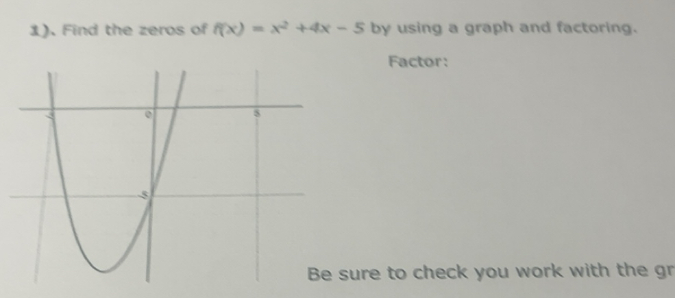 Solved: 1). Find the zeros of f(x)=x^2+4x-5 by using a graph and ...