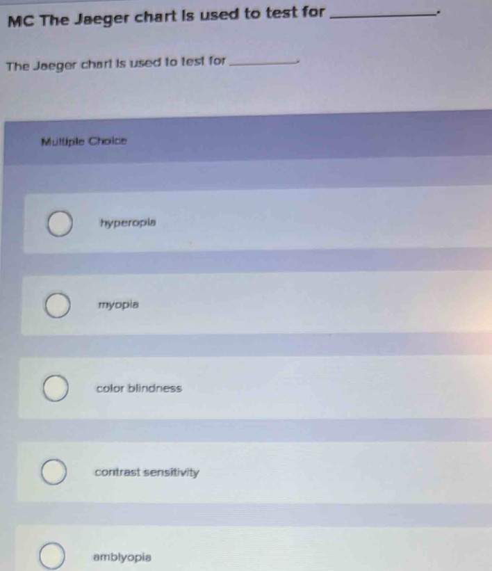 Solved: MC The Jaeger chart is used to test for_ . The Jaeger chart is ...