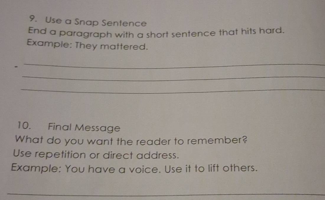 Solved: Use a Snap Sentence End a paragraph with a short sentence that ...