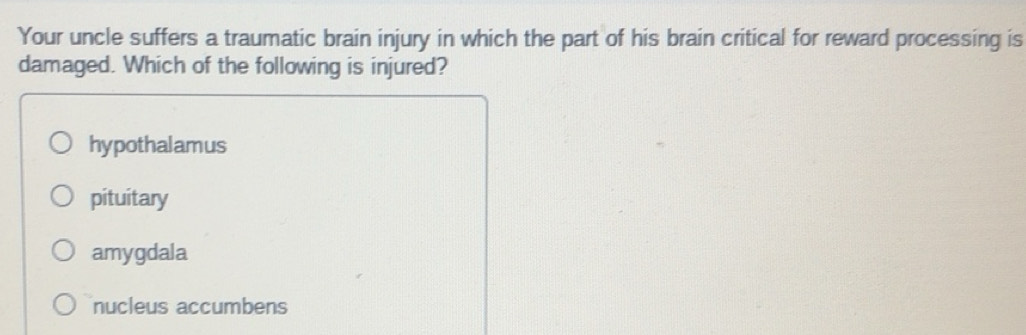 Solved: Your uncle suffers a traumatic brain injury in which the part ...