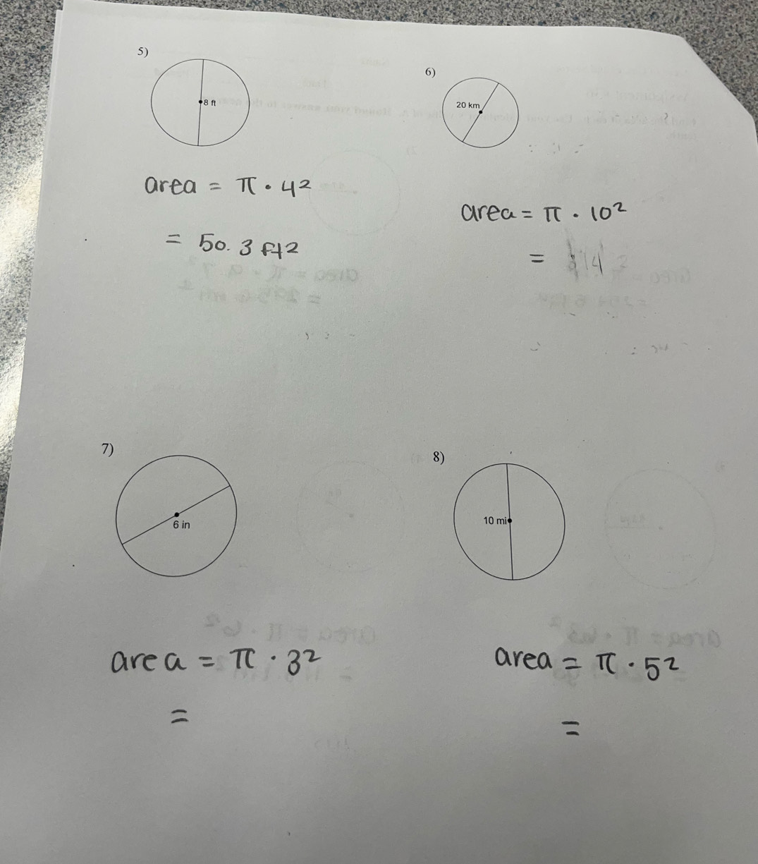Solved: 5 6 area =π · 4^2 are a =π · 10^2 =50.3ft^2 are a=π · 3^2 area ...