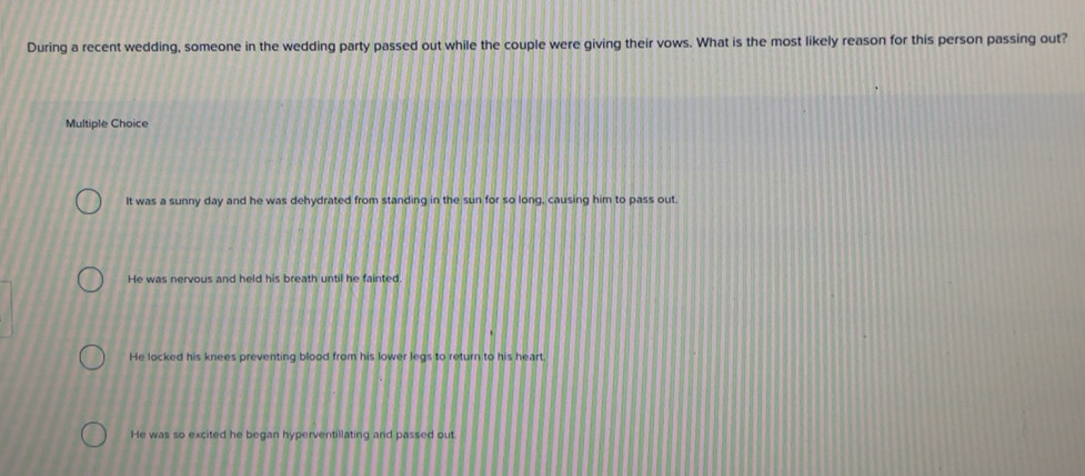 Solved: During a recent wedding, someone in the wedding party passed ...